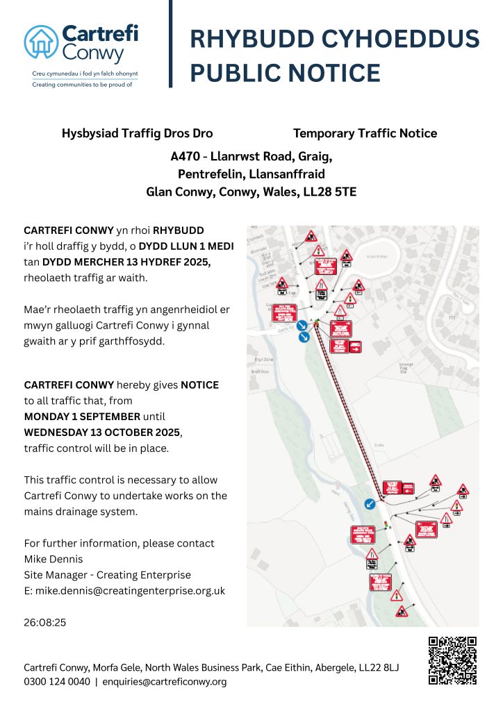 PUBLIC NOTICE - A470 Llanrwst Road, Temporary Traffic Notice - Cartrefi ...